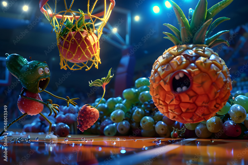 Surreal Anthropomorphic Fruits and Vegetables Competing on a Basketball ...