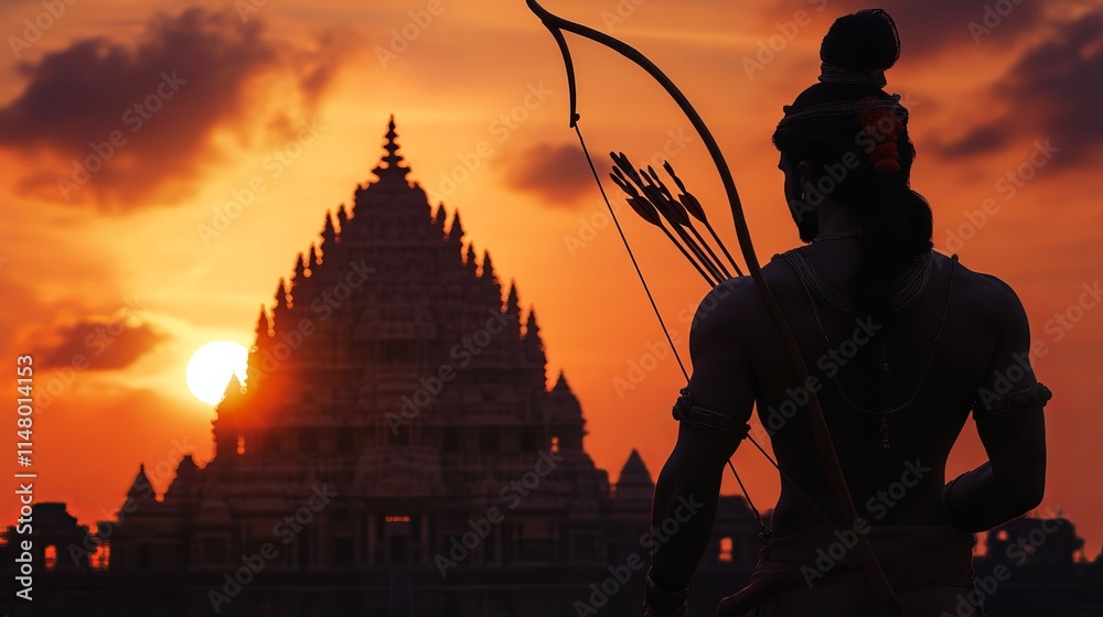 Lord Rama Silhouette with Bow and Arrow in Front of Ram Mandir at ...