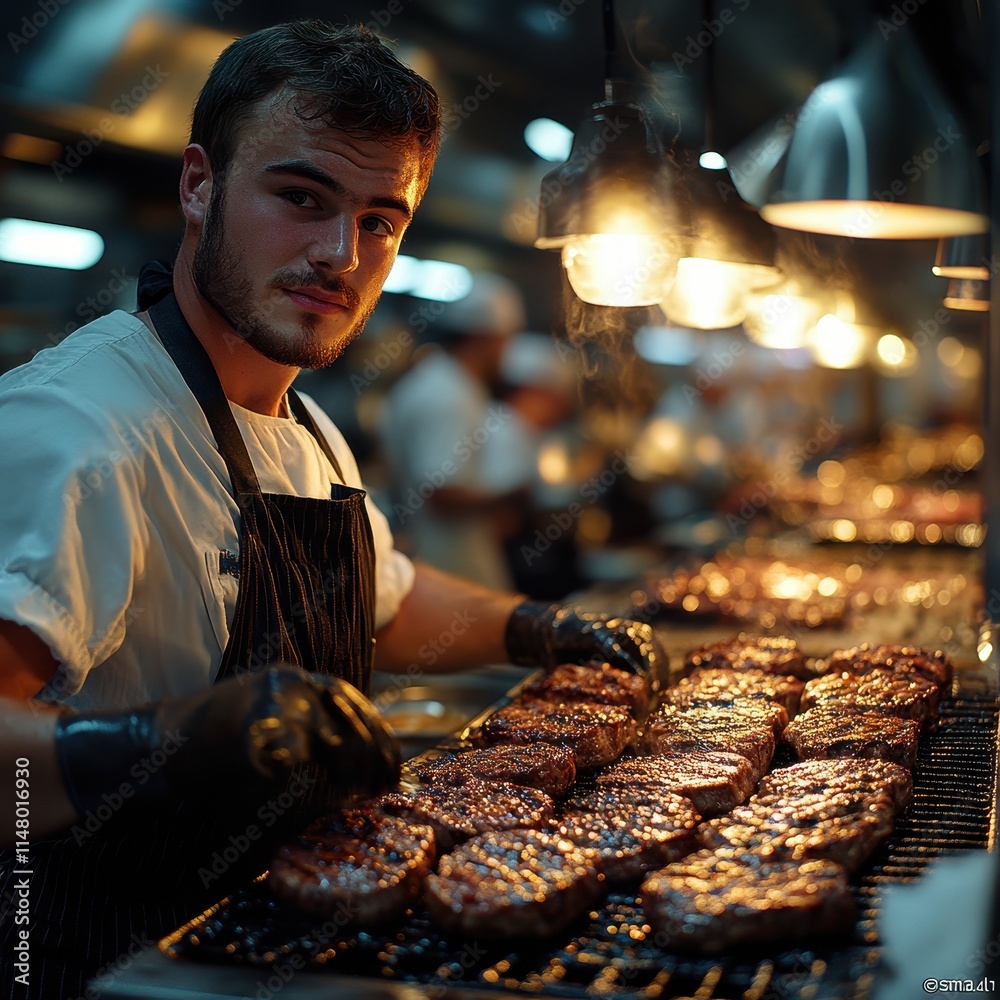 Line cook grilling steaks with focus amidst the bustle of a busy ...