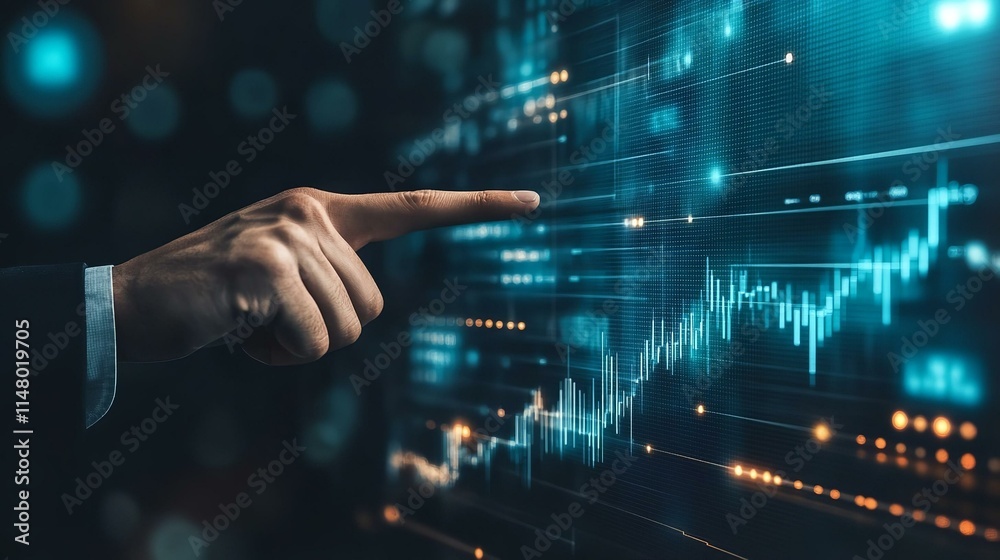 Businessman hand pointing finger to growth success finance business chart of metaverse ...