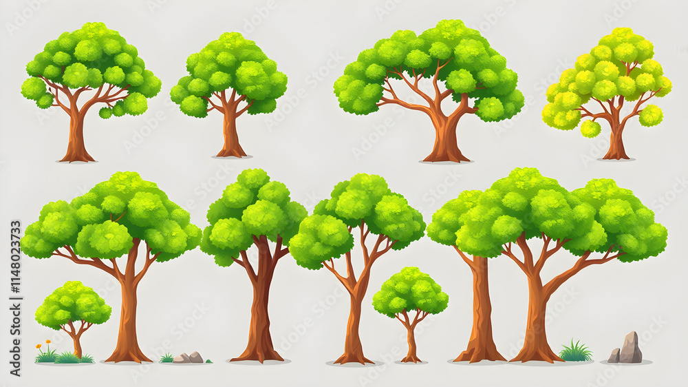 Cartoon tree vector set, collection of trees image with dense green ...