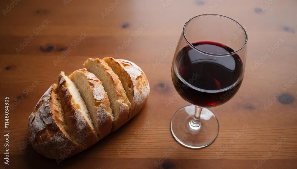 Bread and red wine in realistic style in warm colors representing the ...