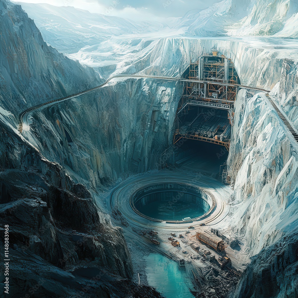 A sprawling open-pit mining site embedded in a snowy mountainous region ...