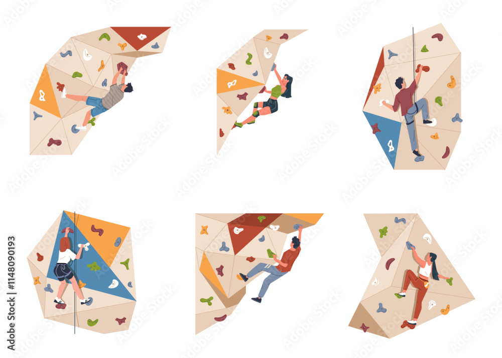 Set of people climbing up in bouldering park. Extreme sport activity. Modern flat cartoon ...