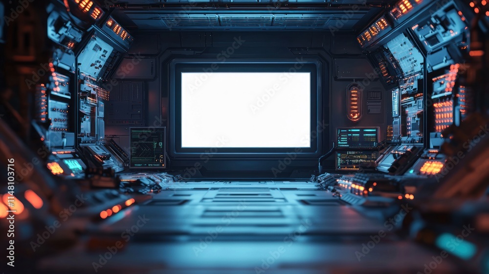 Futuristic Spaceship Bridge Interior: A Sci-Fi Control Room with Blank Screen Stock Illustration ...