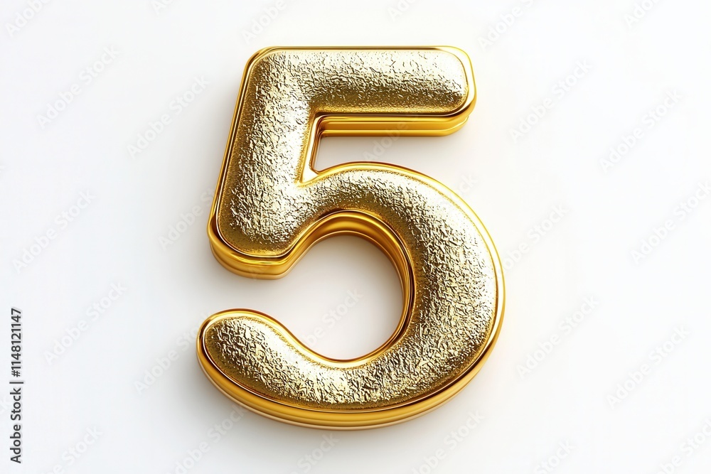 Shiny golden number five on a smooth white background highlighting ...