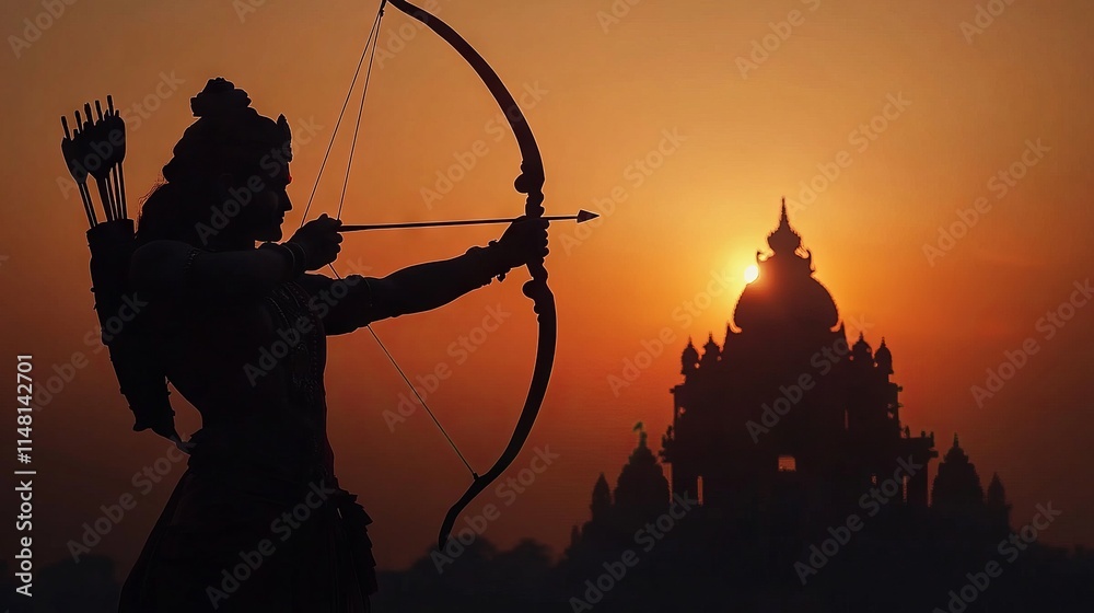 Lord Rama Silhouette with Bow and Arrow in Front of Ram Mandir at ...