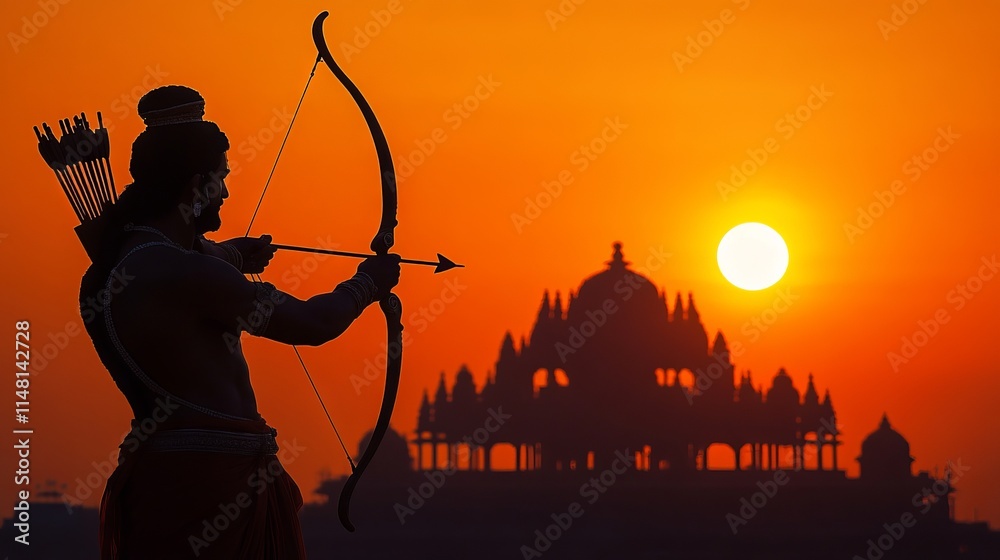 Lord Rama Silhouette with Bow and Arrow in Front of Ram Mandir at ...