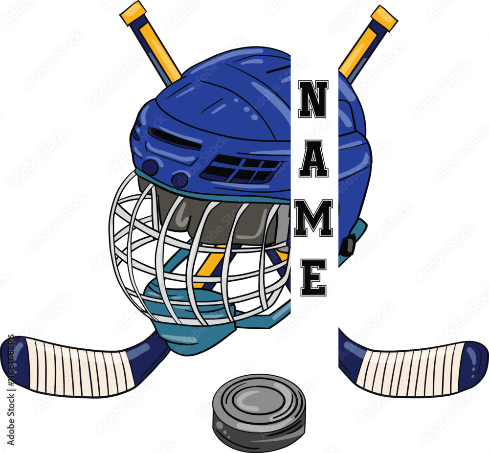 Split Custom Hockey Player with Stick and Hockey Puck, Hockey Helmet ...