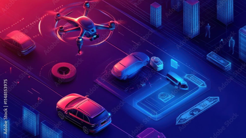 Police car and drone tracking thieve in mask with money and crime scene ...