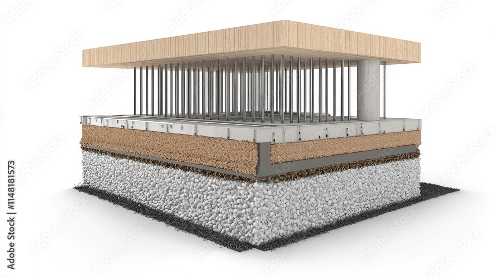 Cross-section of a building's foundation showing layers of gravel ...