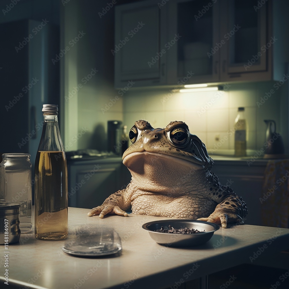 An Amphibian at a Table in a Kitchen with a Glass Bottle and a Bowl of ...