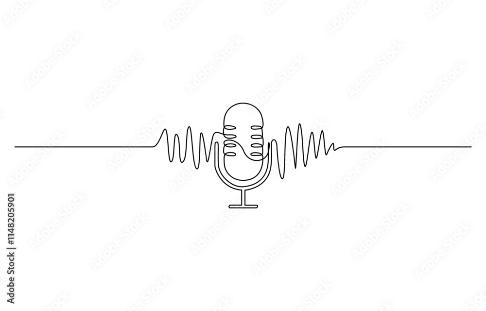 Continuous one line drawing of podcast microphone, One continuous ...