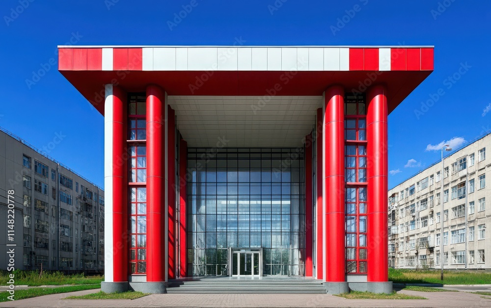 A modern Russian college campus entrance, featuring red and white metal ...