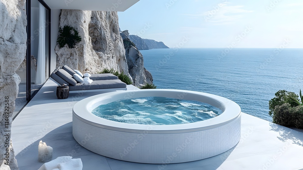 Infinity jacuzzi on Santorini-style terrace, ocean view. Curved walls ...