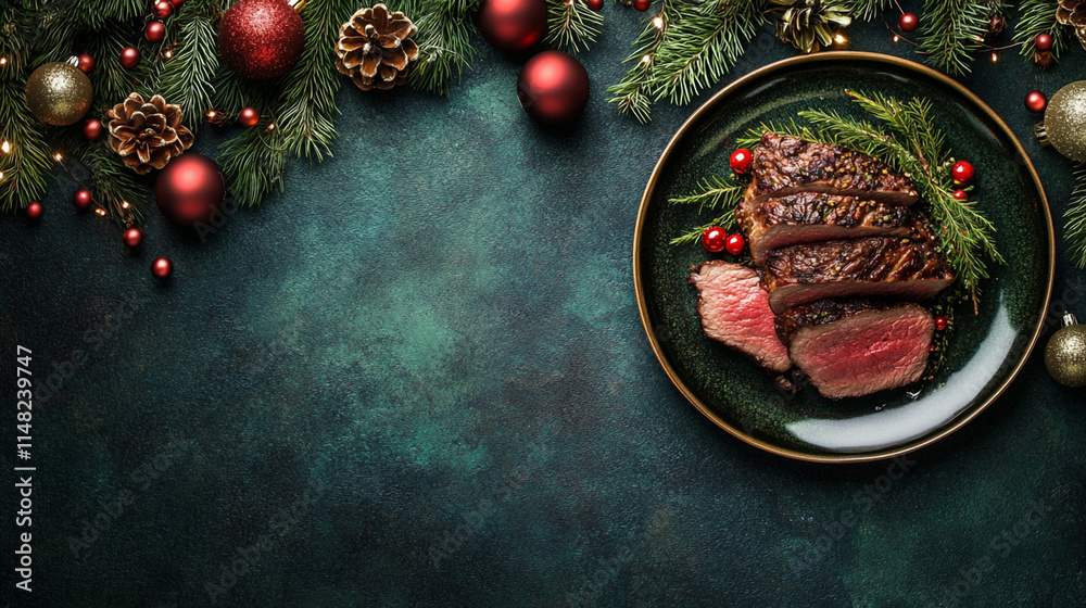 Festive green background green with sliced roast beef with rosemary on ...