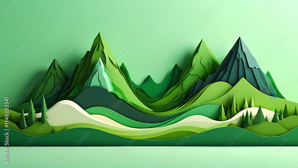 Stylized papercraft landscape of green mountains, hills, and valleys ...