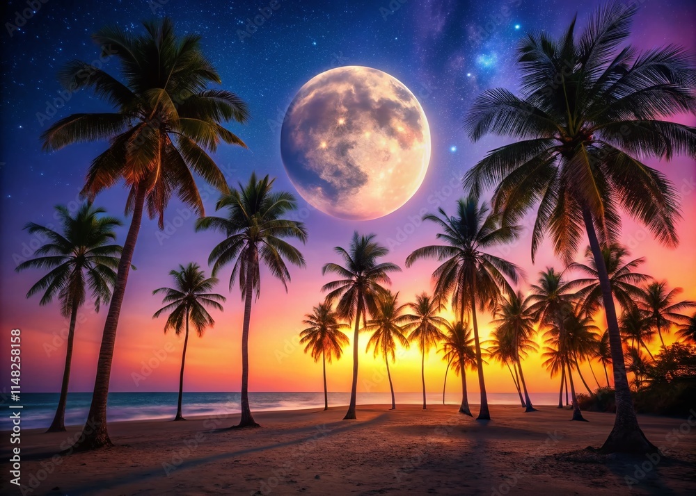 Night Palm Tree Landscape Photography, Tropical Night Scene, Dark Palm ...