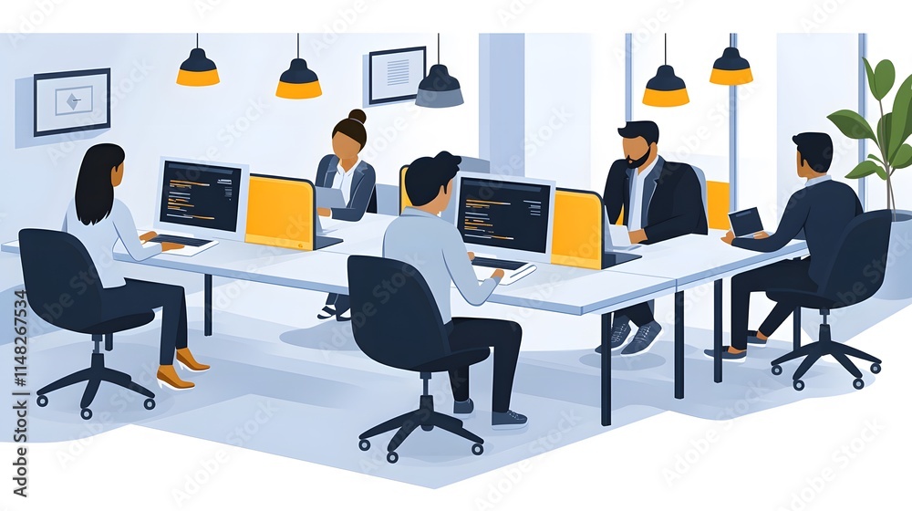 Flat vector illustration of diverse professionals collaborating in an ...