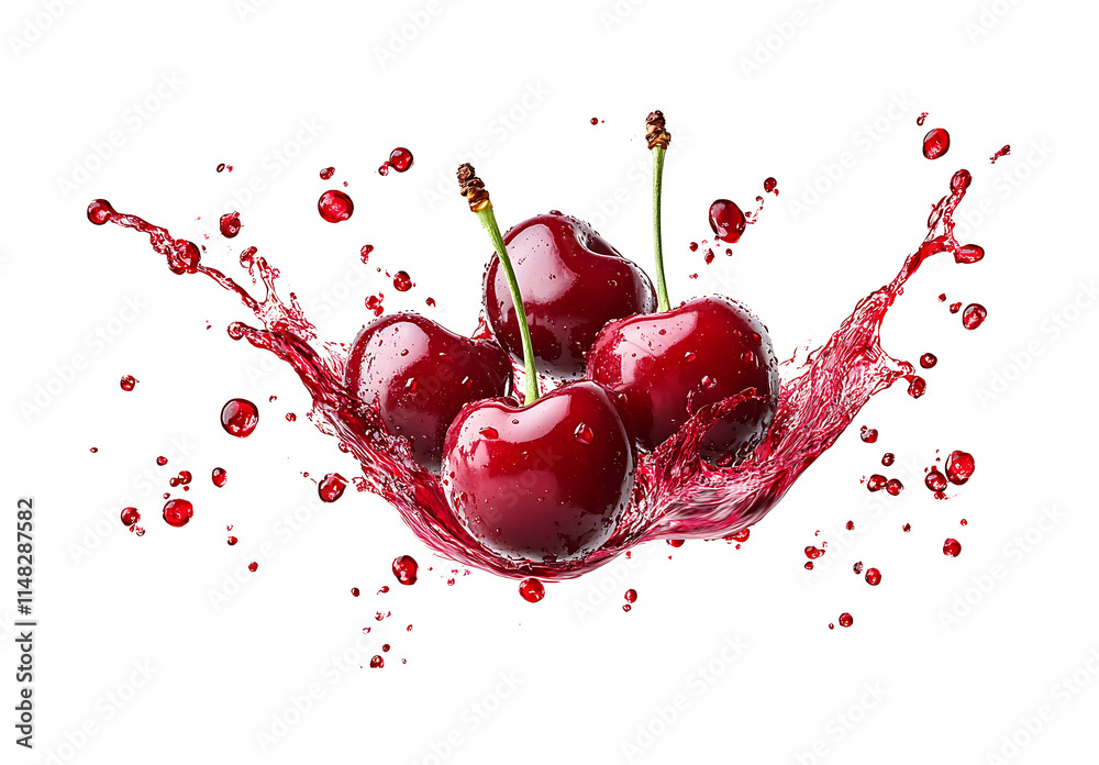 Sliced pieces of ripe red cherries in a splash of cherry juice flying ...