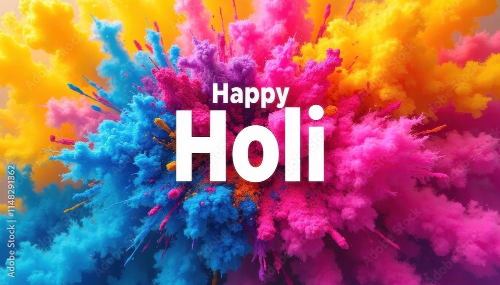 The image shows a vibrant explosion of colorful powders in blue, pink ...