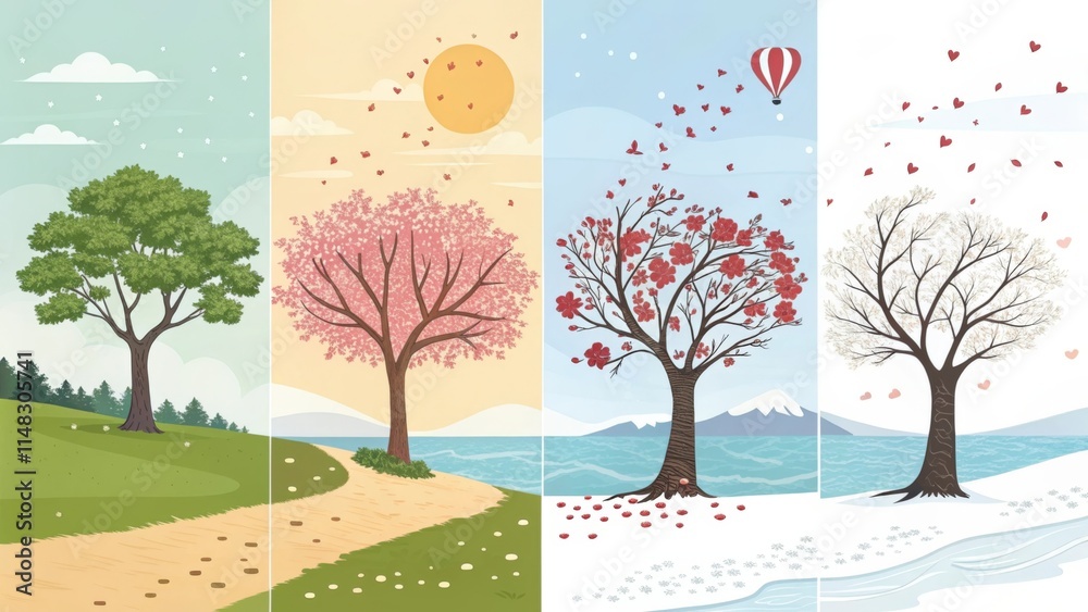 Four seasons tree changing color from spring to summer, autumn and ...