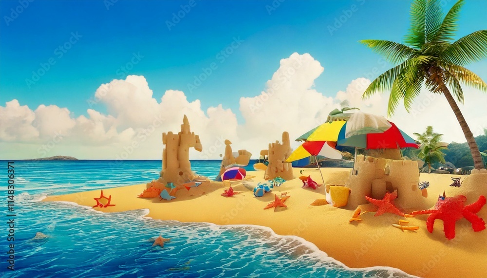 Cartoon beach scene featuring golden sand colorful sandcastle and cute ...