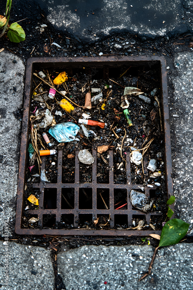 Urban drain clogged with litter, trash, and debris like cigarette butts ...