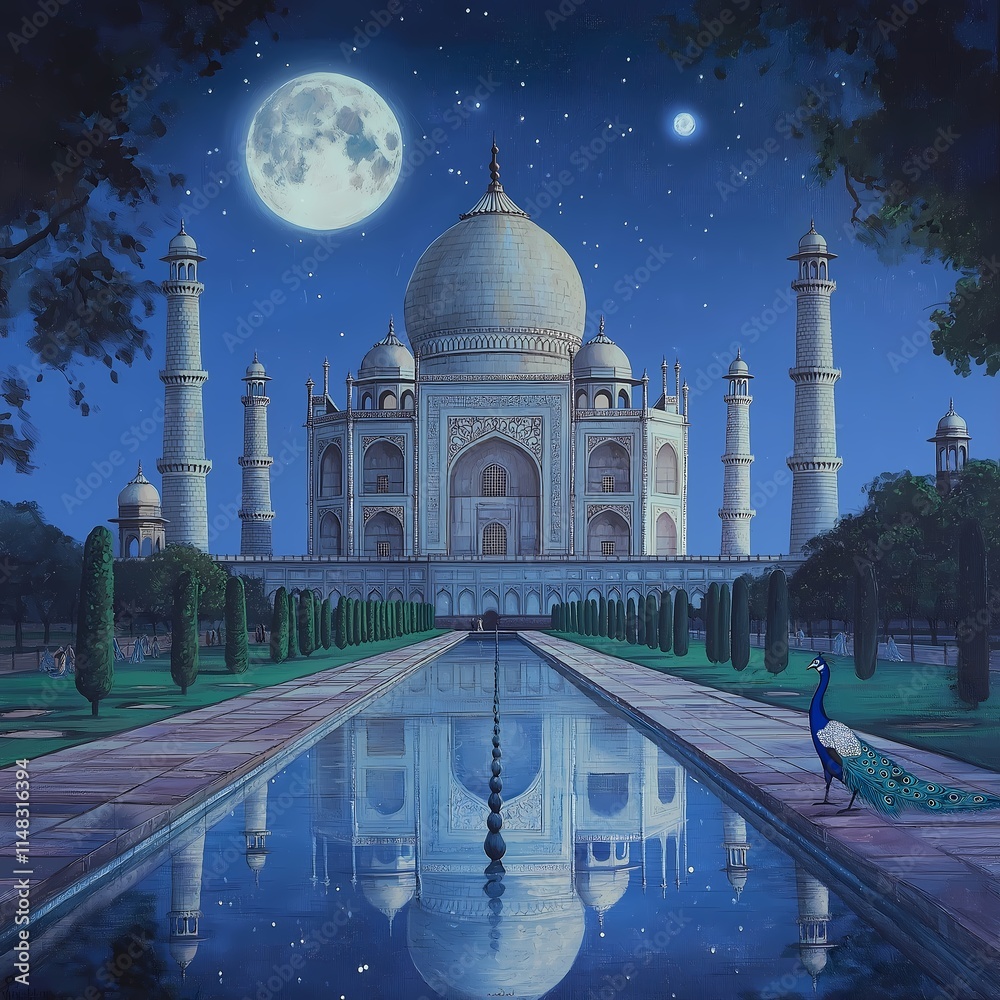 Taj Mahal Moonlight Serenade: A majestic peacock stands sentinel before ...
