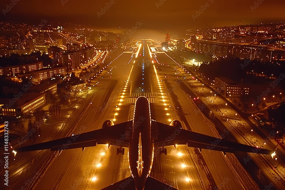 Airplane landing at night in urban cityscape aerial view aviation ...