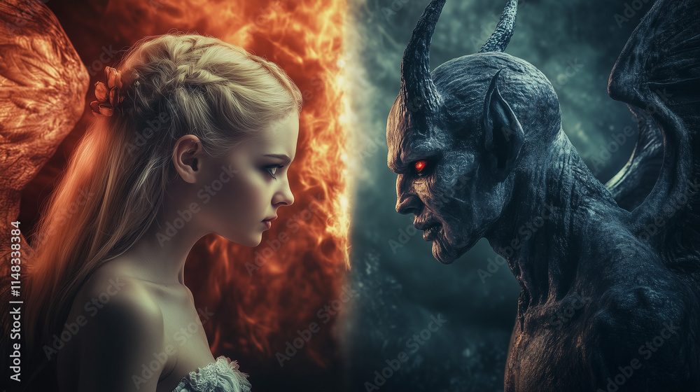 Dramatic artwork of a confrontation between an angelic woman with ...