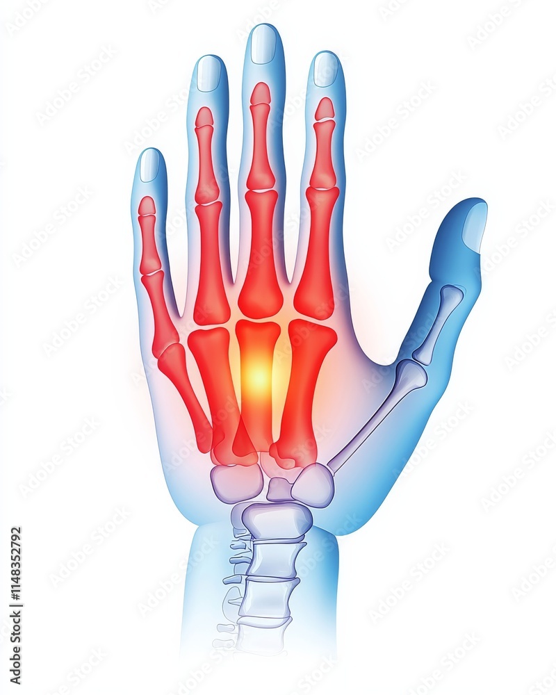 Clinical close-up of red inflamed finger joint arthritis medical ...