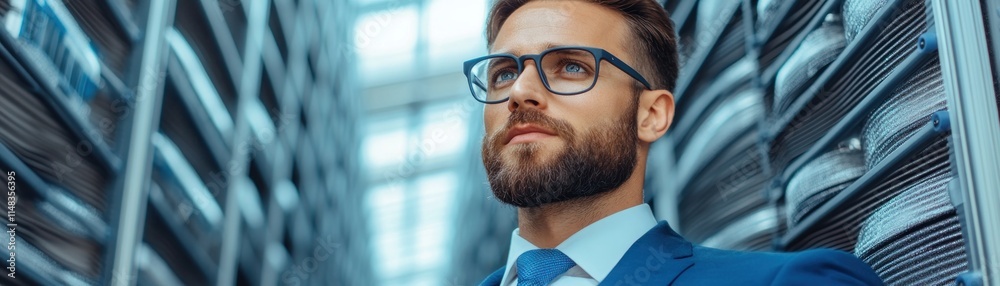Focused businessman with glasses stands confidently in modern office ...