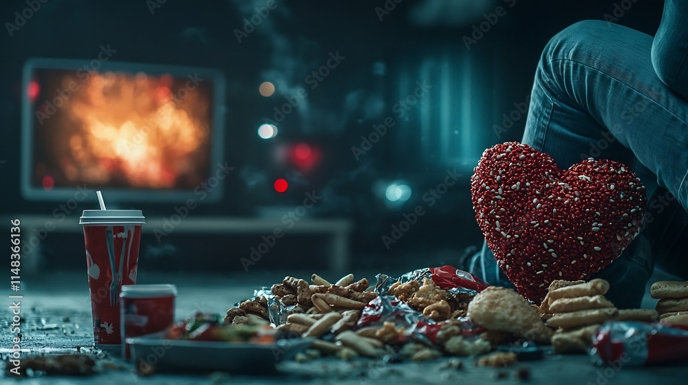 Droopy heart sitting alone in a dark room illuminated by the glow of a ...