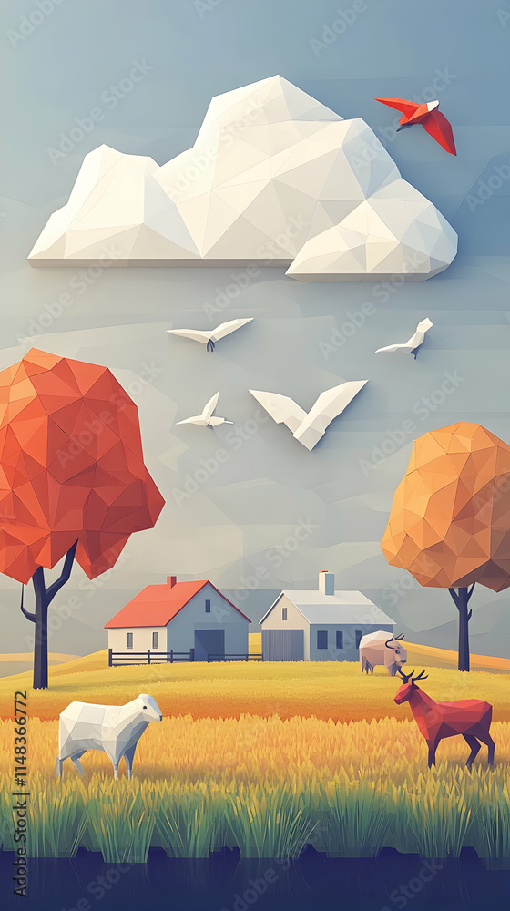 Low poly farm scene with sheep, deer, pigs, birds, trees, houses, and a ...