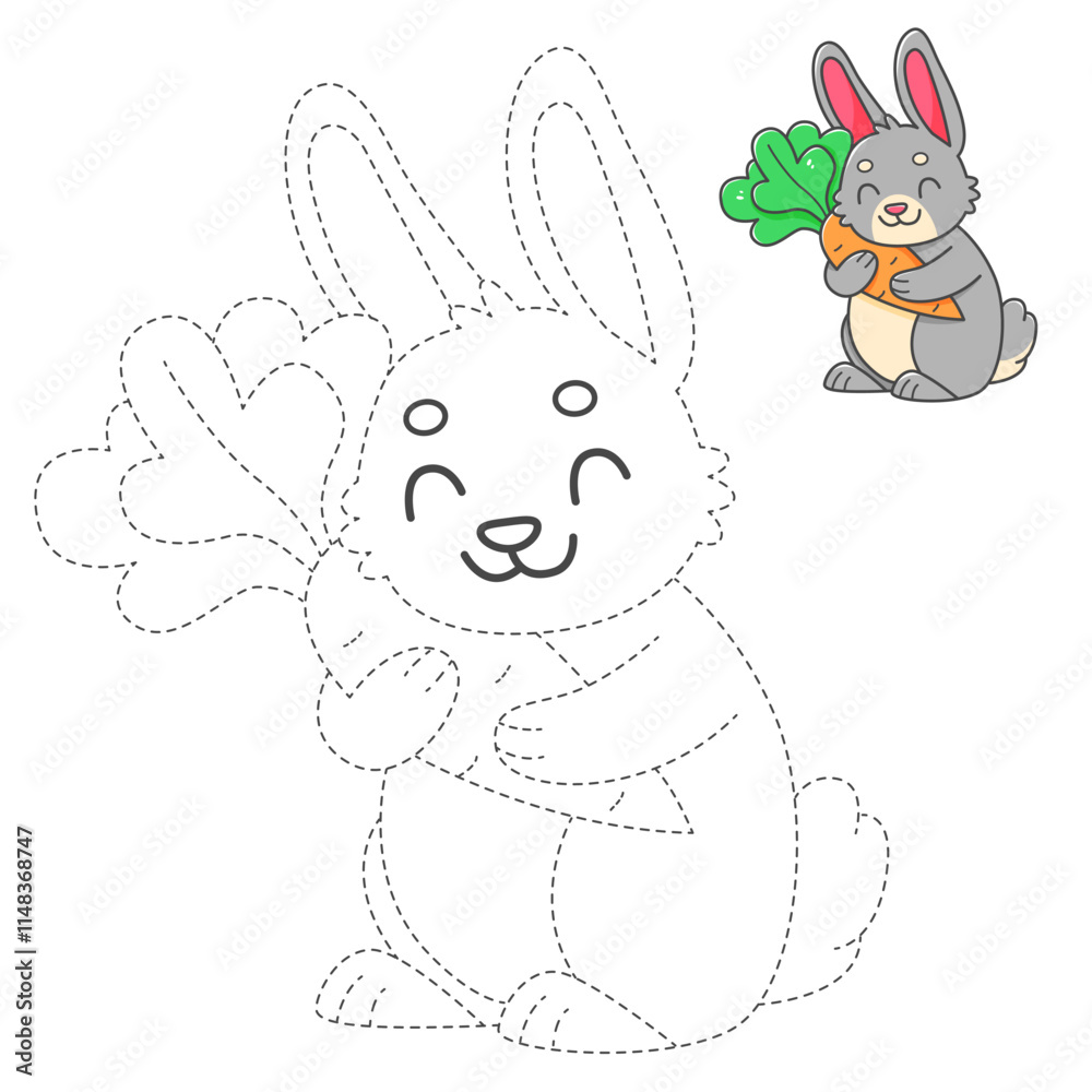 Trace and color coloring book with rabbit with carrot for kids ...