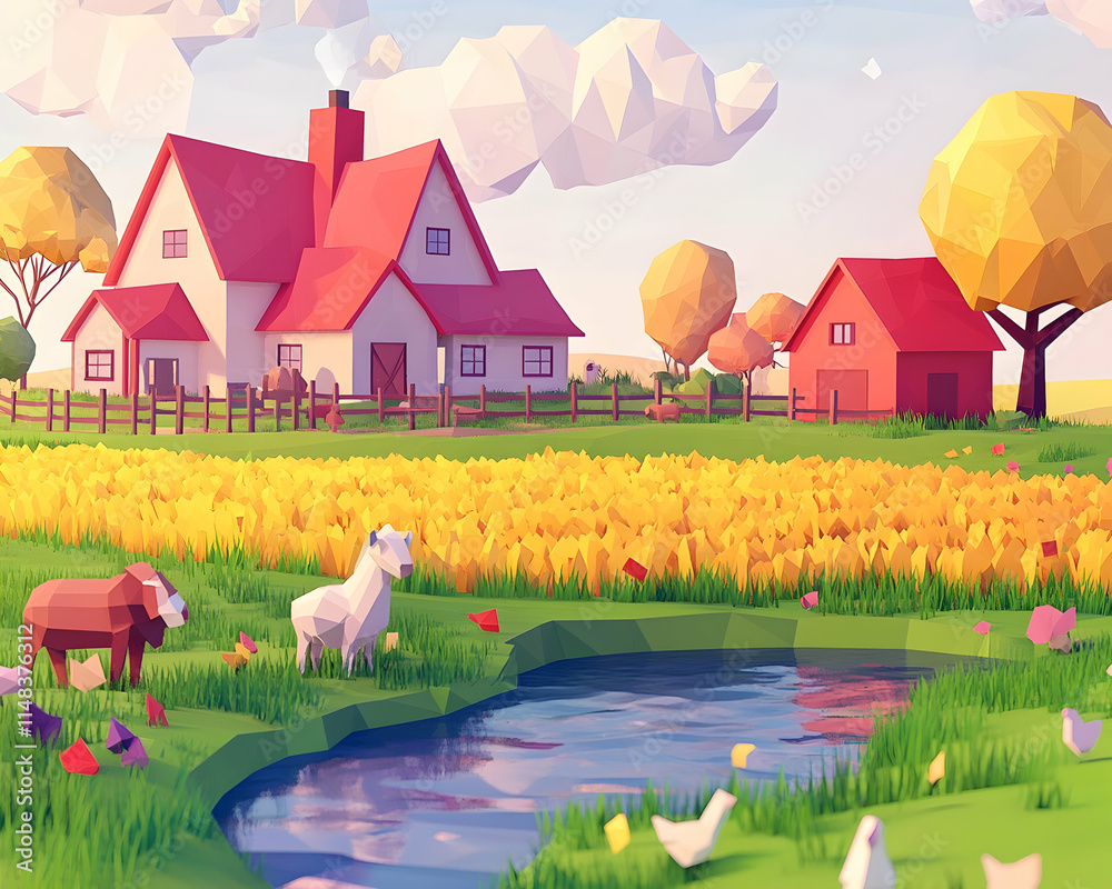 Low-poly farm animals grazing idyllic autumn field, house background ...