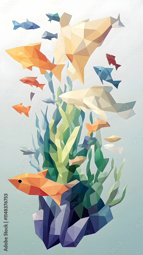 Low-poly fish school underwater, ocean plants background, aquatic life ...