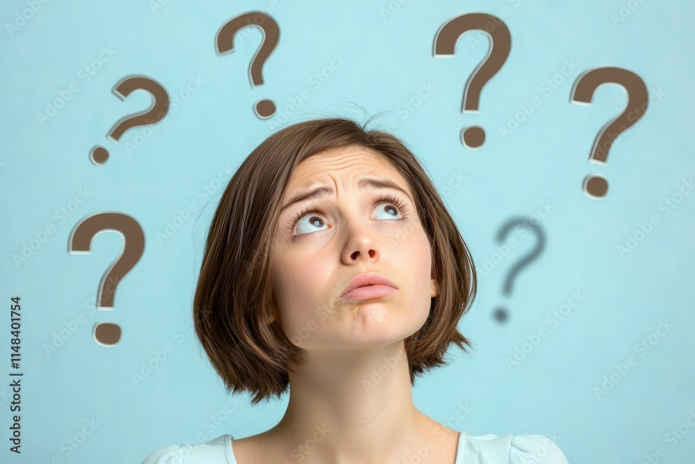 Young woman with short brown hair and puzzled expression, looking up at ...