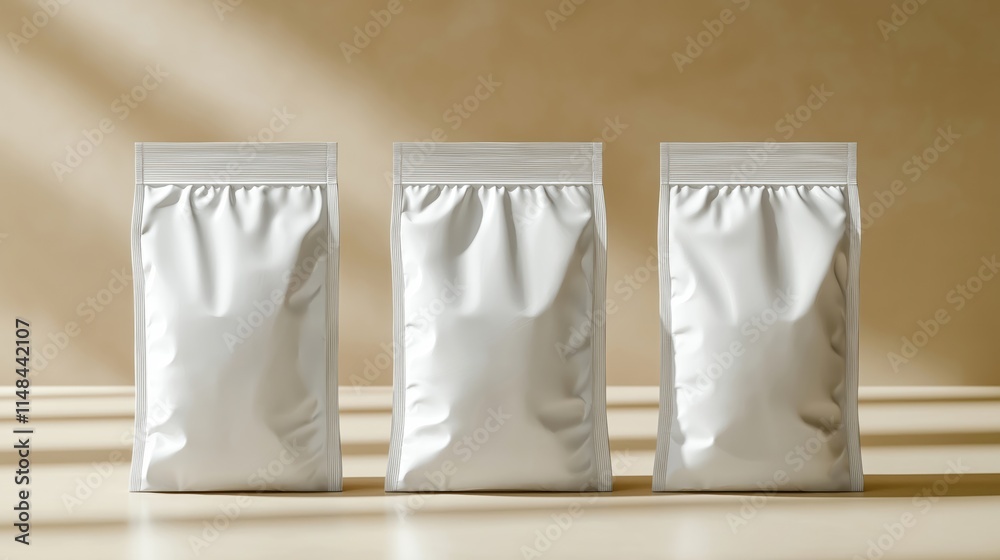 Blank white plastic food bags stand on beige surface. Mockups show ...