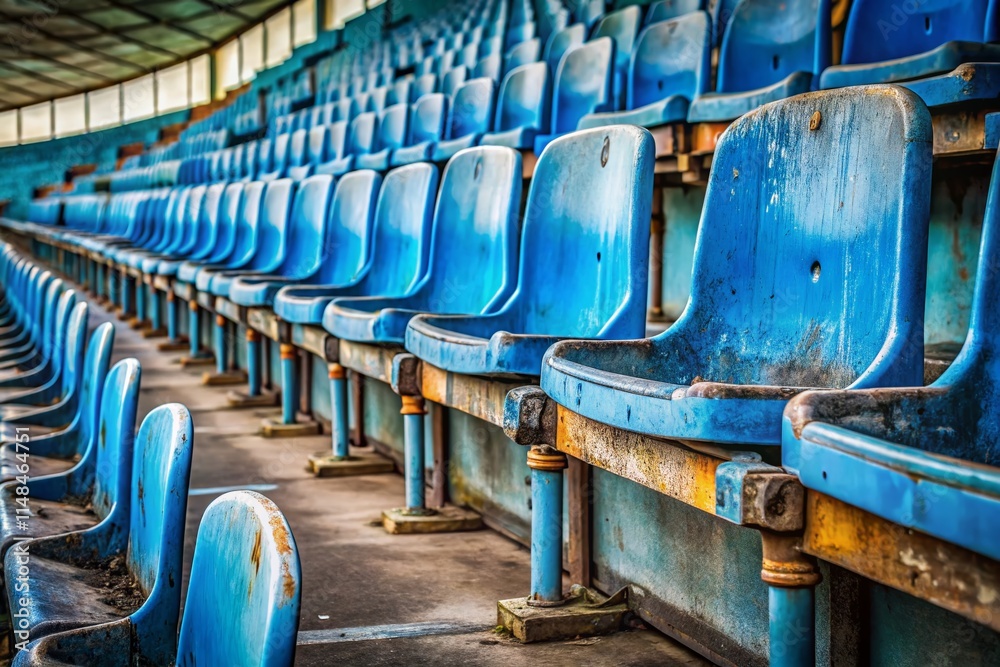 Vintage Stadium Seats Row, Retro Blue Bleachers, Old Baseball Stadium, Worn Seats, Classic ...