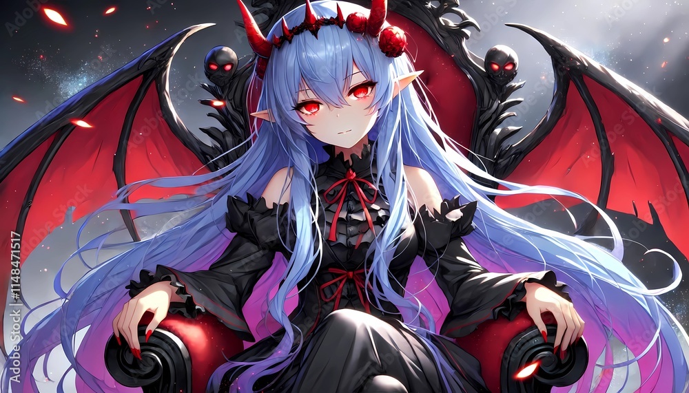 Cute anime girl sitting on throne, demon lord, anime wallpaper Stock ...