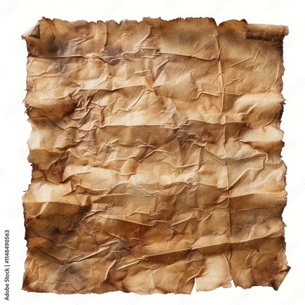 Old crumpled paper showing folded and burned edges on white background ...