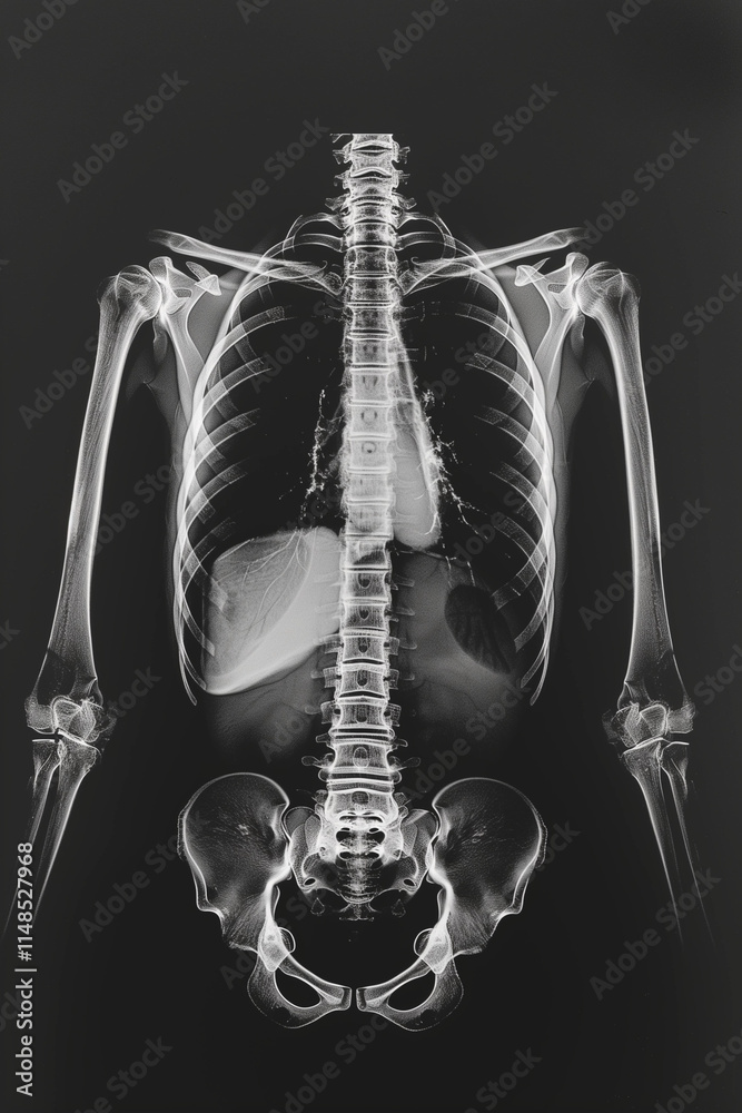 X-ray scan of human torso showing detailed skeletal structure including ...