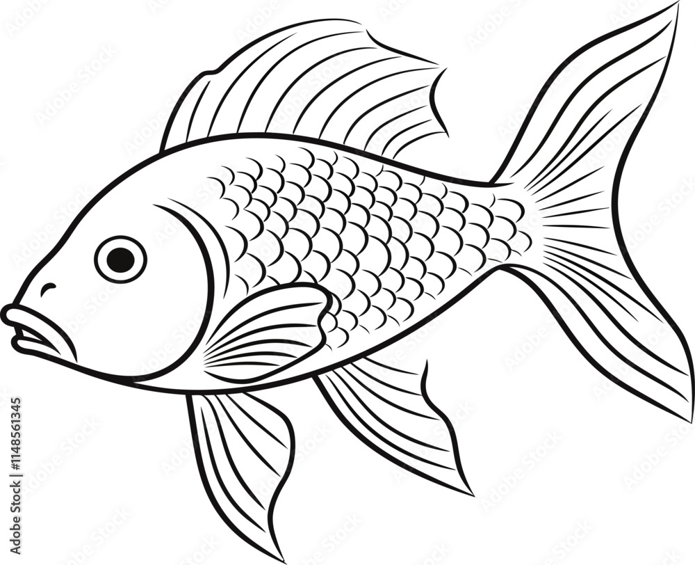 Simple black and white illustration of a fish with clear outlines and ...