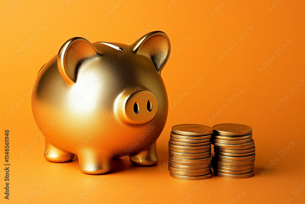 A big fat gold piggy bank and coin stacks positioned on the left side ...