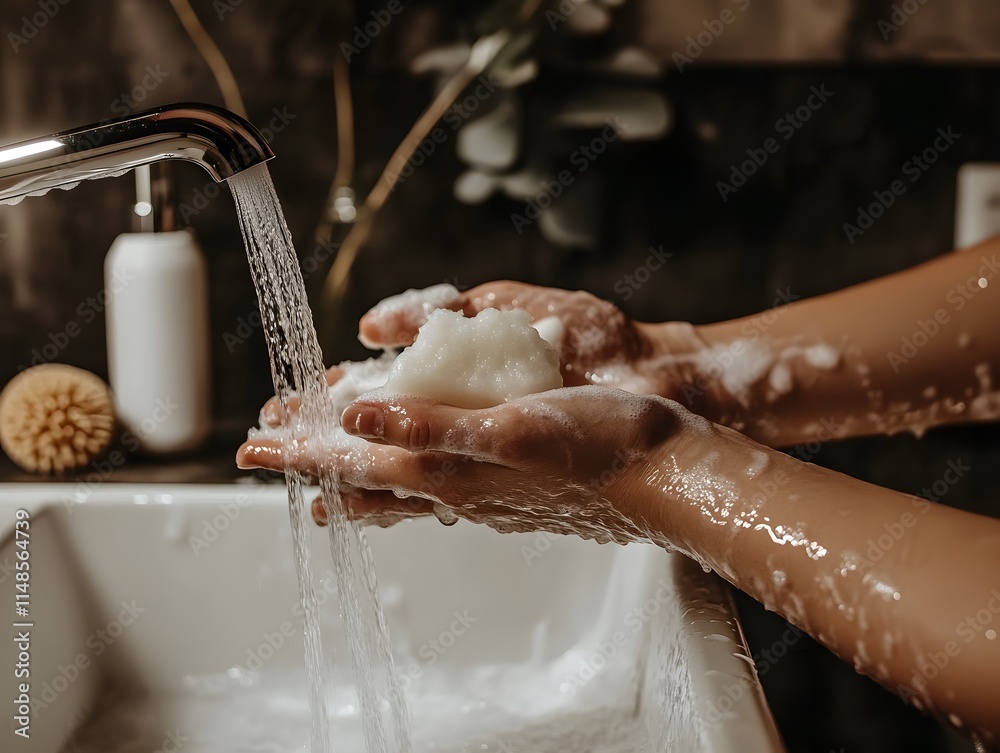 Hands Holding Soap Under Running Water in a Modern Bathroom Sink with ...