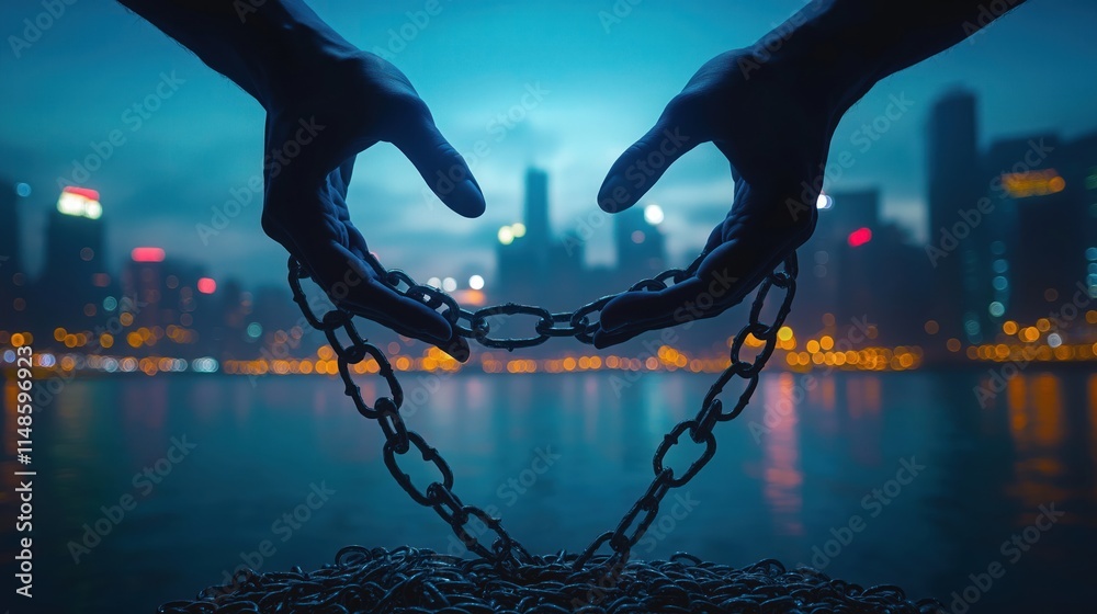 Silhouette hands raise broken chains against night city. Symbolises ...