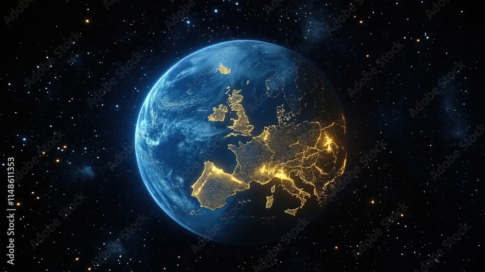 Earth from space at night. European cities glow brightly. Planet ...