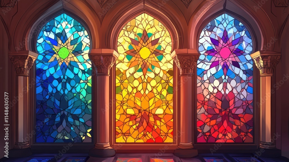 Vibrant Triple Stained Glass Window In Gothic Architecture Stock ...